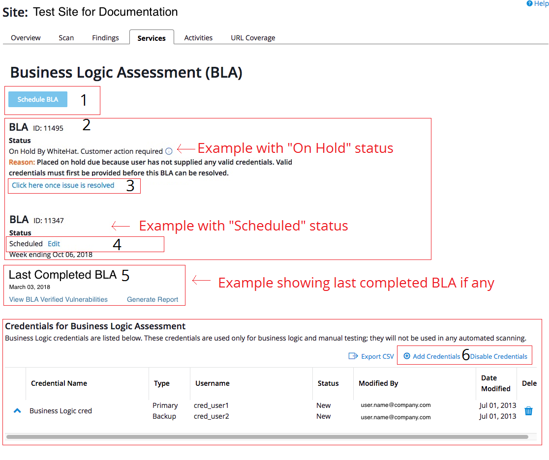 Site Services Tab :: WhiteHat Security Docs